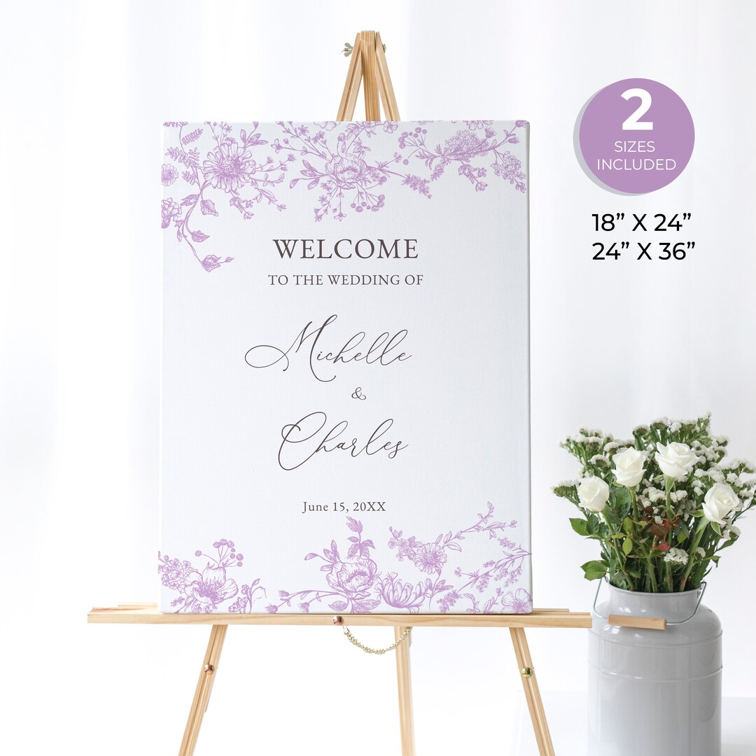 Lilac Chinoiserie Welcome Sign, Purple Floral Line Art, Botanical ...