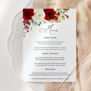Red and White Roses Wedding Menu Template, Editable Floral Menu, Dinner ...