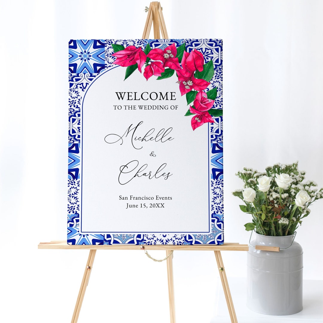 Mediterranean Wedding Welcome Sign Blue Tiles Bougainvillea - Etsy