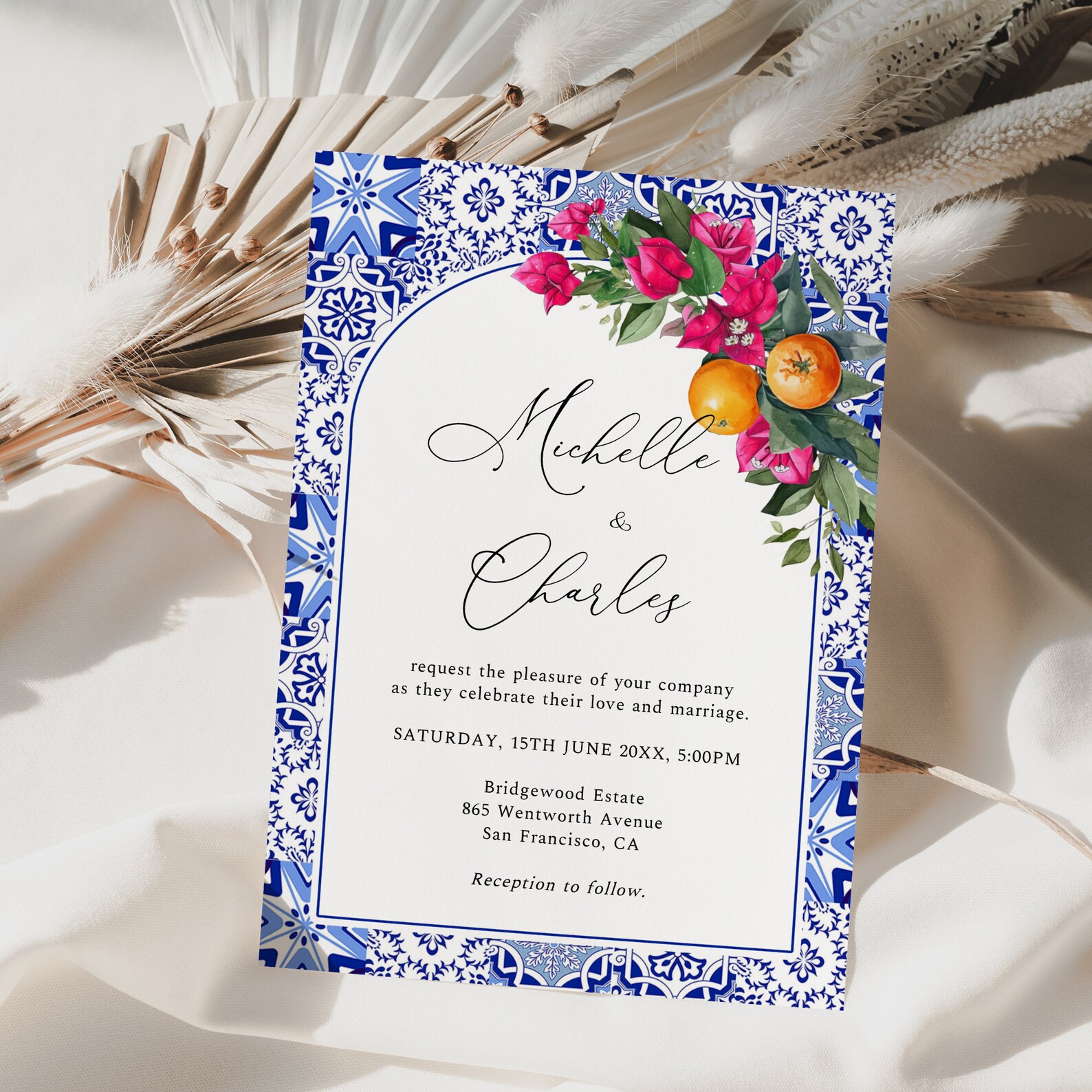 Mediterranean Wedding Invitation, Citrus Orange Wedding Invite, Blue ...