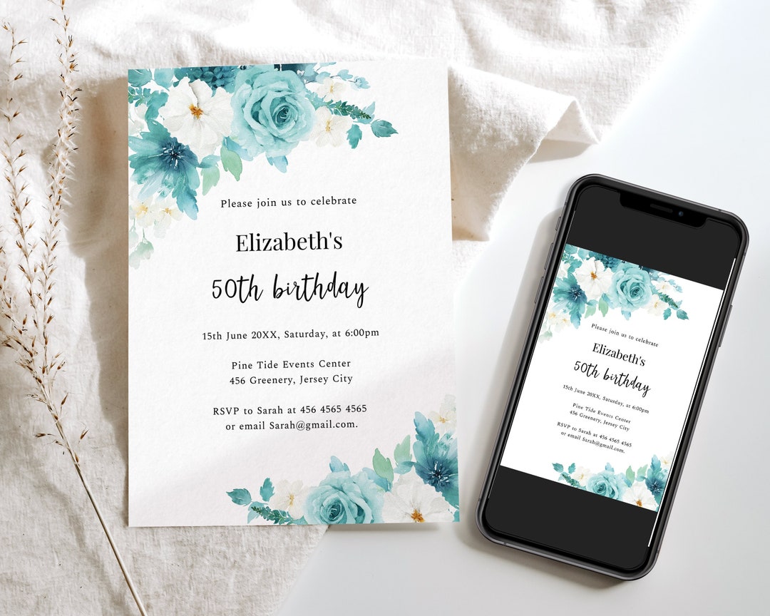Teal Birthday Invitation, Adult Birthday, Turquoise Floral Invitation ...
