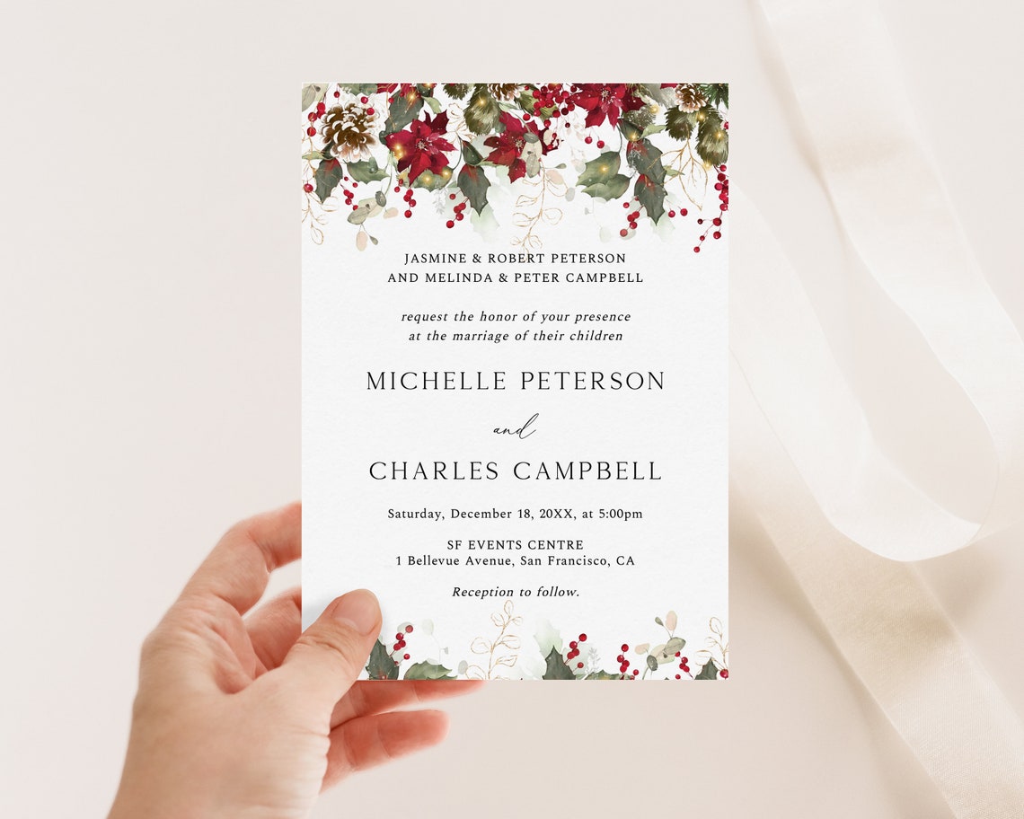 Winter Red Flowers Wedding Invitation, Christmas Wedding Invitation ...