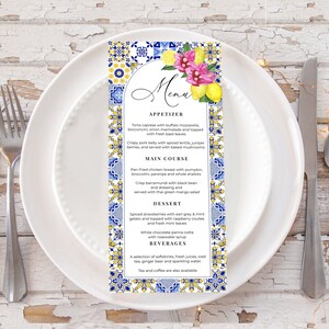 Mediterranean Lemon Menu Template, Blue Tiles Lemon Bougainvillea ...