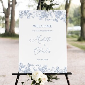 Dusty Blue Chinoiserie Welcome Sign, Blue Floral Line Art, Botanical ...