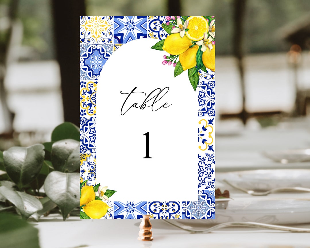 Mediterranean Lemon Table Number, Blue Tiles Lemon, Tuscan Italian ...