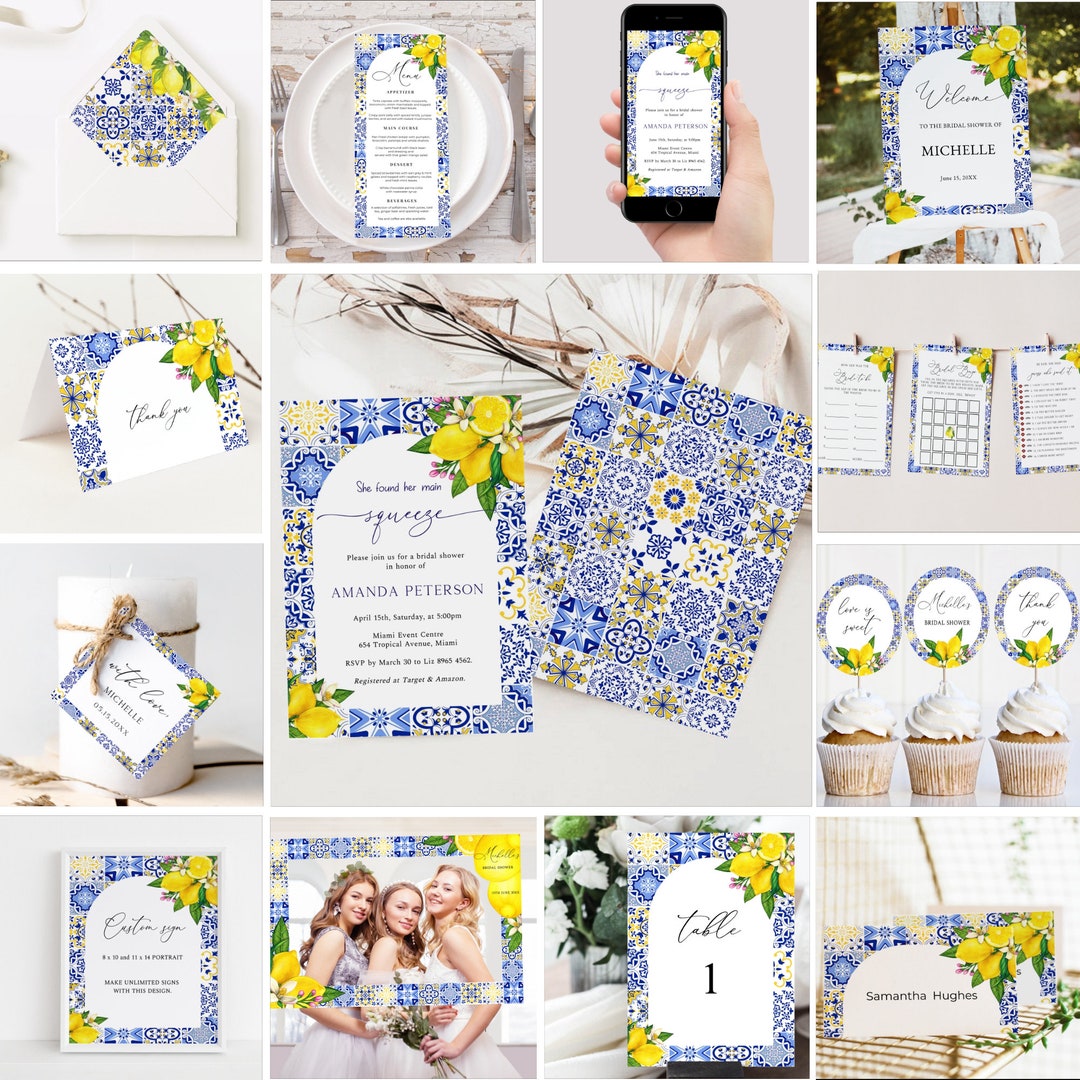 Mediterranean Lemon Bridal Shower Bundle, Blue Azulejo Tiles, Summer ...