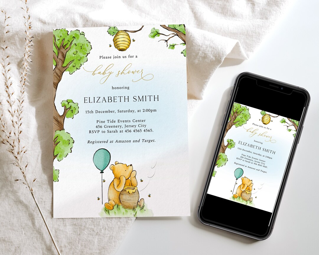 Winnie the Pooh Baby Shower Invitation, Editable Bear Baby Shower Invitation, Bee Baby Shower ...