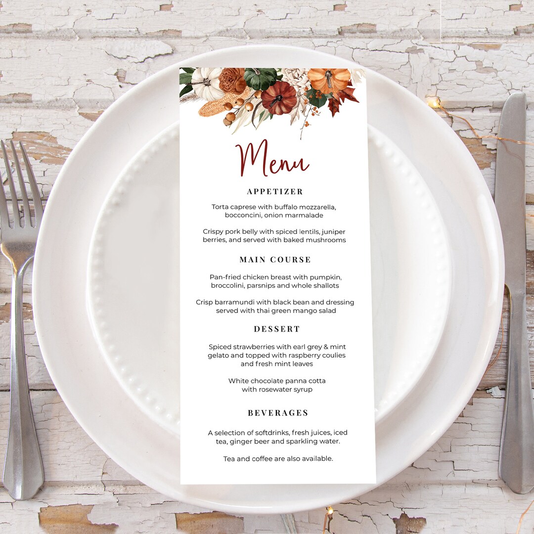 Pumpkin Menu Template, Fall Terracotta Menu Printable, Autumn Menu ...