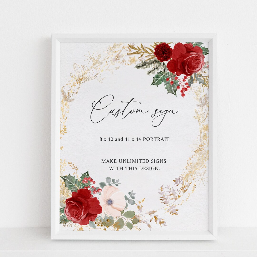 Winter Red and Gold Custom Sign, Printable Holiday Party Table Sign ...