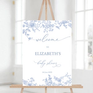 Dusty Blue Chinoiserie Baby Shower Welcome Sign, Blue Floral Line Art ...