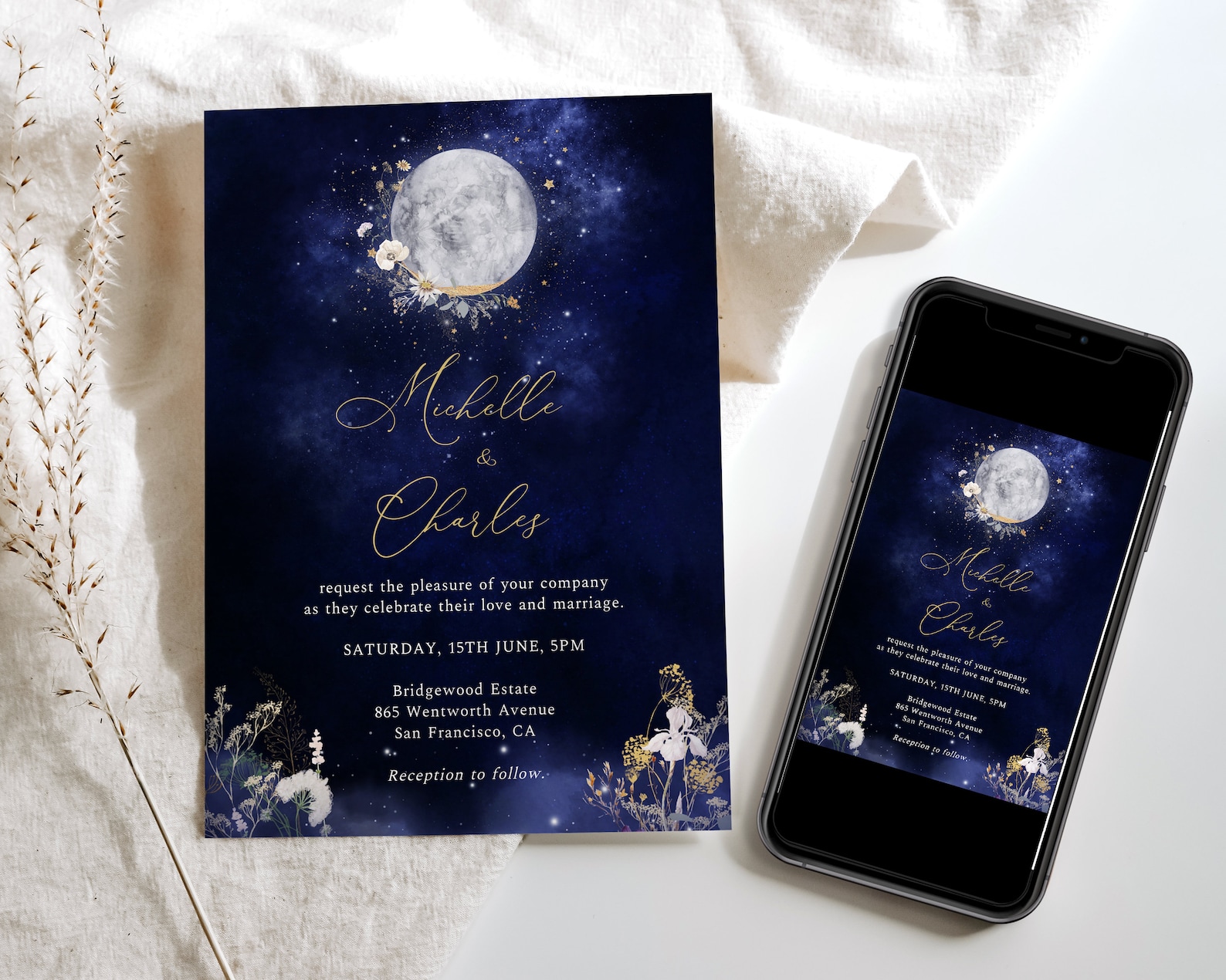 Floral Moon Wedding Invitation Set, Celestial Wedding Invitation ...