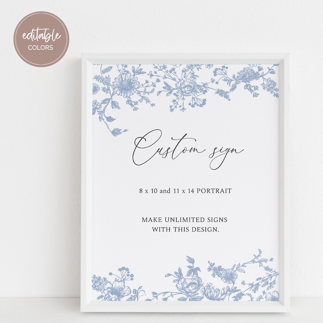 Dusty Blue Chinoiserie Custom Sign Template, Blue Floral Line Art ...