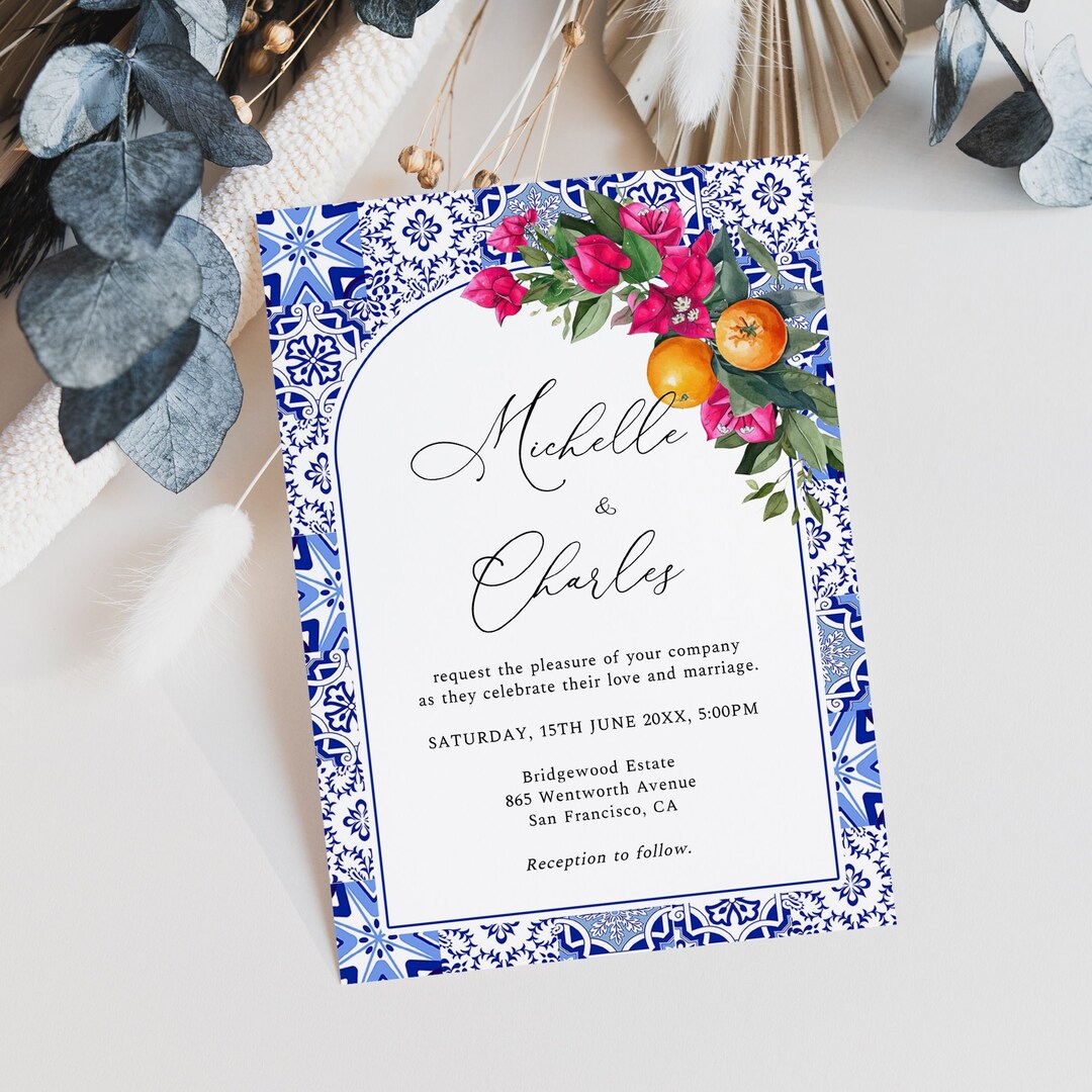 Mediterranean Wedding Invitation, Citrus Orange Wedding Invite, Blue ...