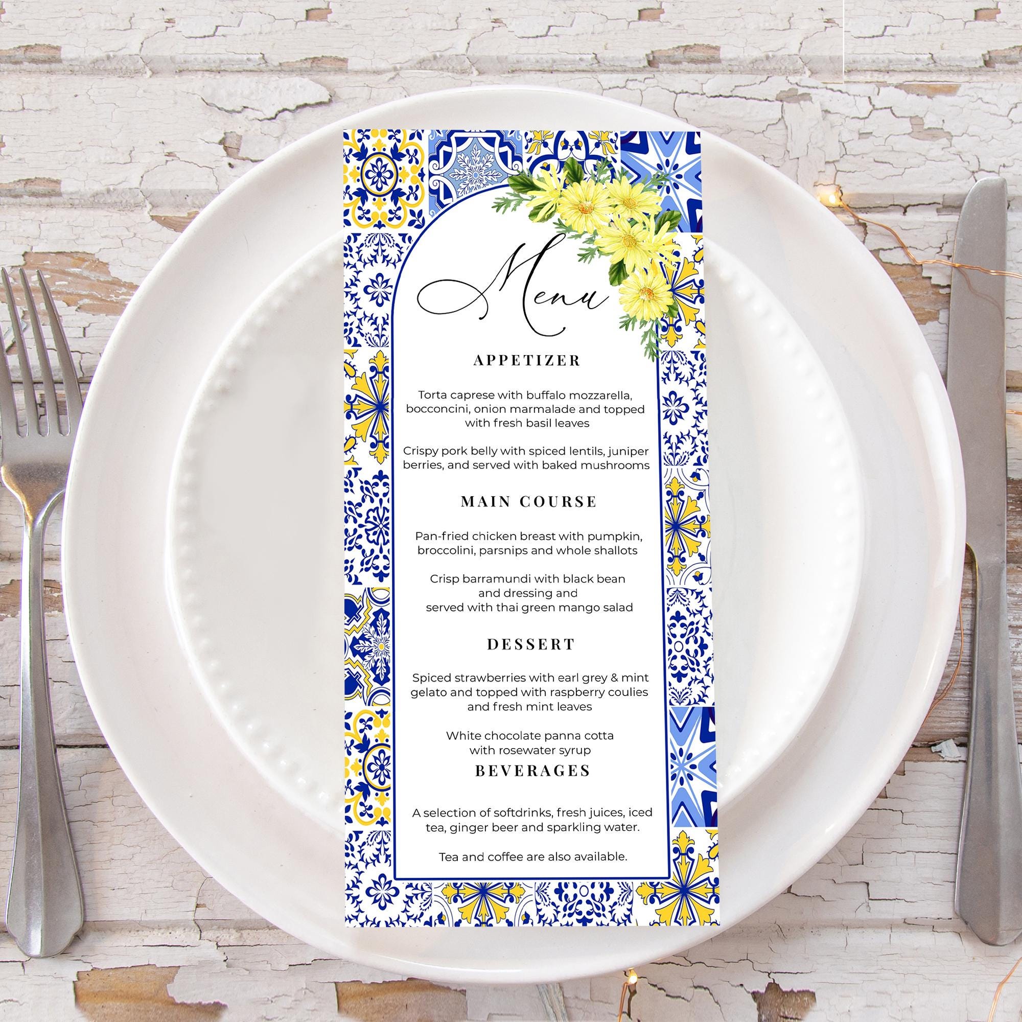 Mediterranean Menu Template, Printable Daisy Menu, Tuscan Santorini ...