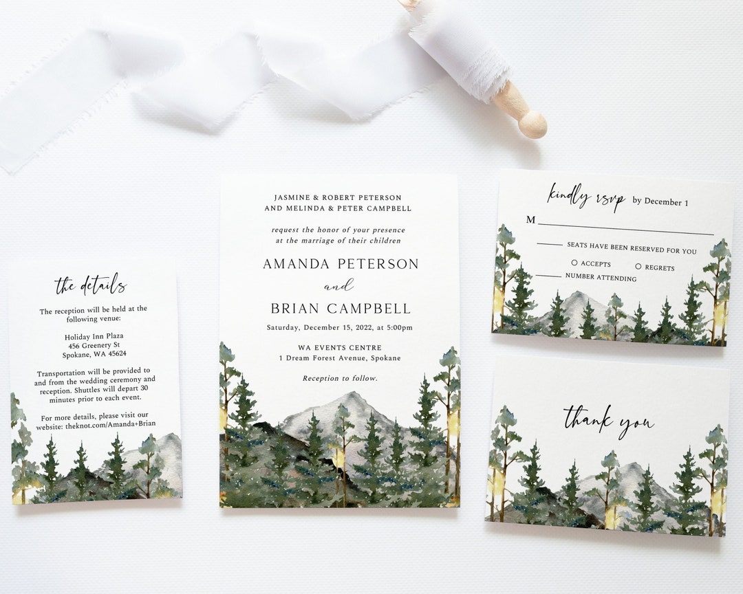 Pine Trees Wedding Invitation Set, Rustic Mountain Wedding Invitation ...