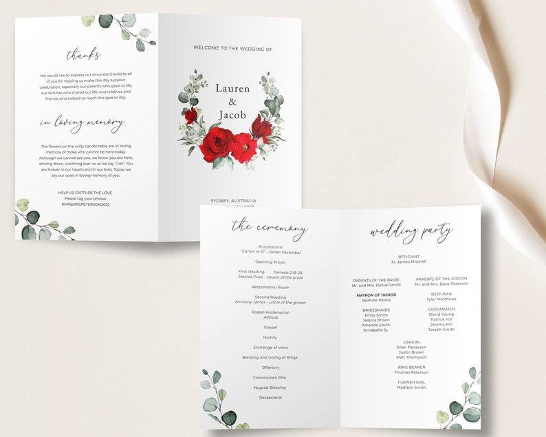 Red Roses Wedding Program Floral Wedding Program Wedding | Etsy
