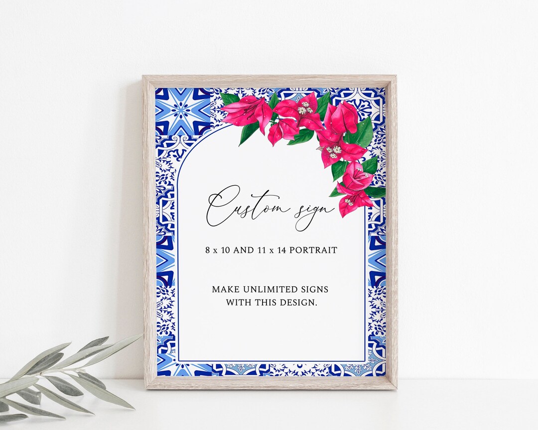 Mediterranean Blue Tiles Custom Sign Template, Bougainvillea Welcome ...