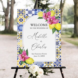 Mediterranean Lemon Wedding Welcome Sign, Blue Tiles Bougainvillea ...