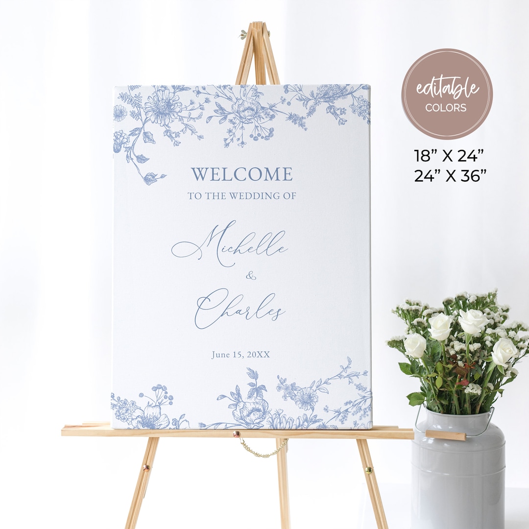 Dusty Blue Chinoiserie Wedding Welcome Sign, Blue Floral Line Art ...