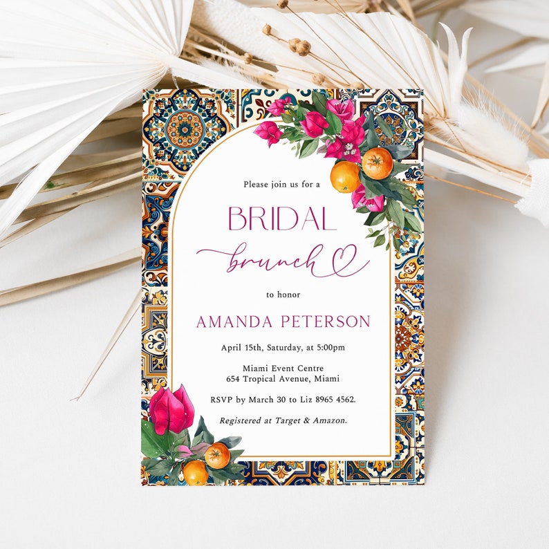 Orange and Bougainvillea Bridal Brunch Invitation, Citrus Bridal Shower ...