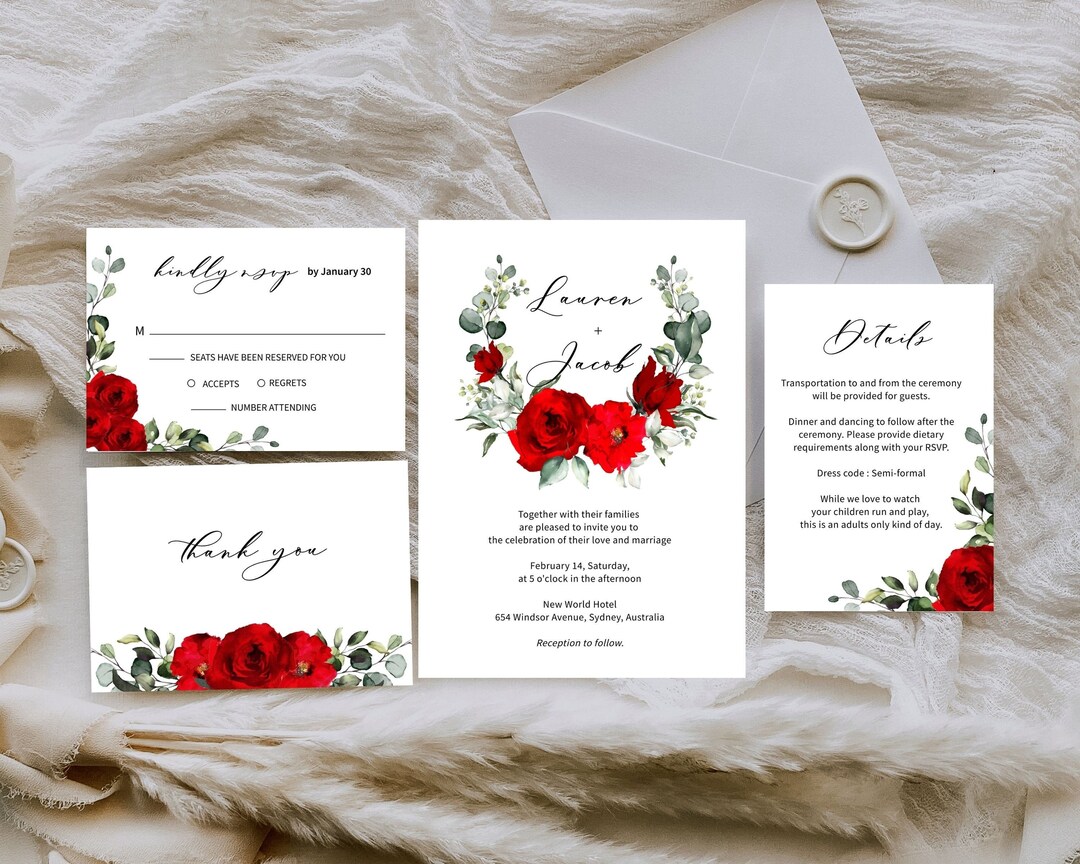 Red Roses Wedding Invitation Red Wedding Invitation Red - Etsy