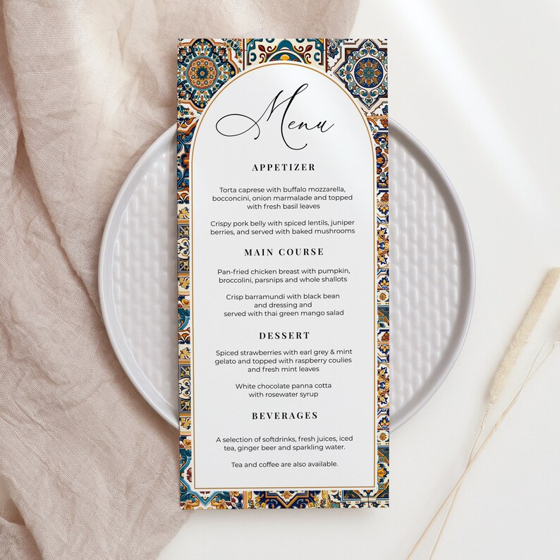 Spanish Wedding Menu Printable Template, Tuscan Italian Mediterranean ...
