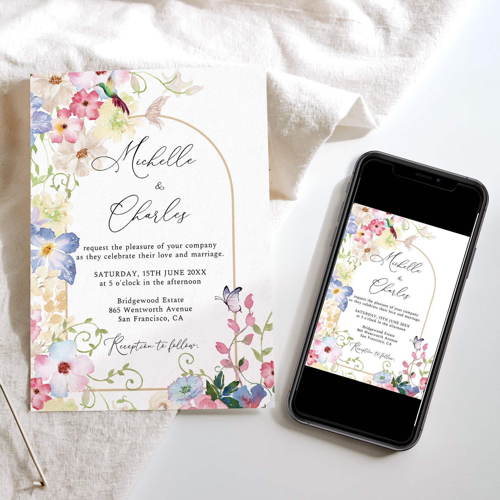Floral Pastel Wedding Invitation Set, Colorful Flowers Invite, Elegant ...