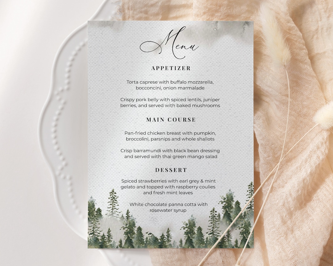 Forest Wedding Menu Template, Mountain Menu, Woodland Menu, Pine Trees ...