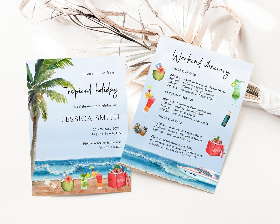 Tropical Weekend Invitation With Itinerary, Beach Bachelorette Weekend ...