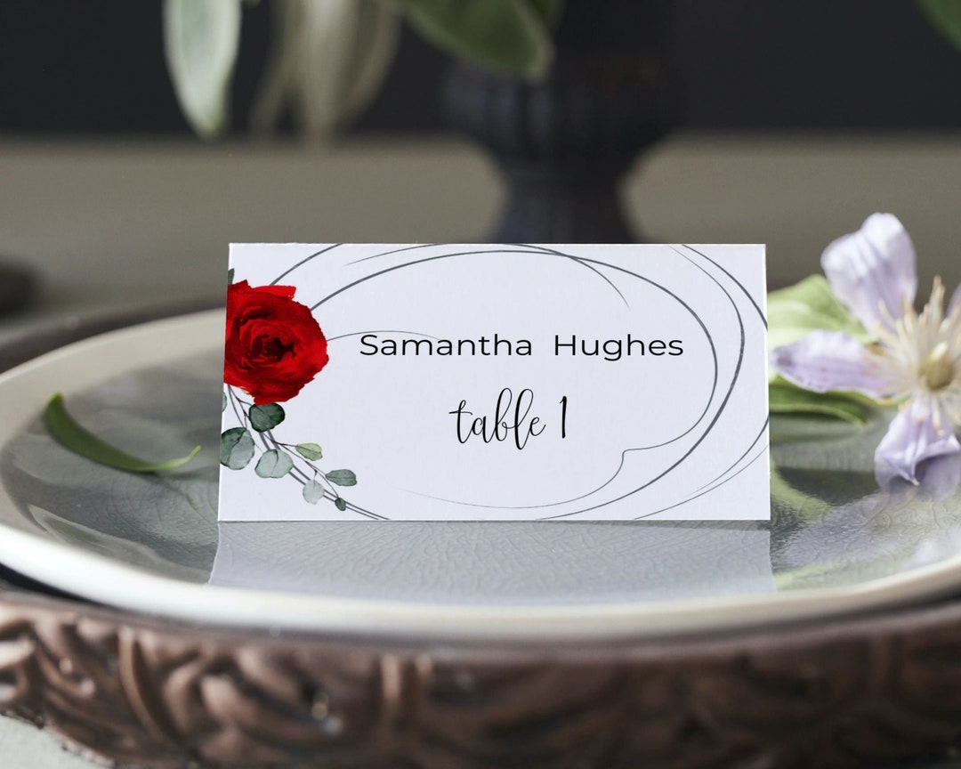Red Roses Wedding Place Card, Red Roses Party Place Cards, Valentines ...
