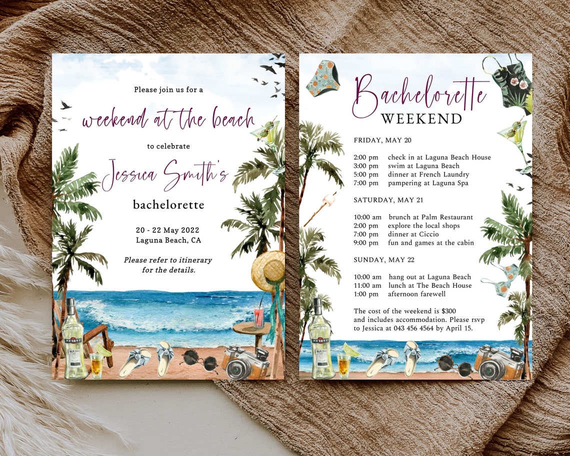Beach Bachelorette Party Itinerary Template Tropical Palm Etsy