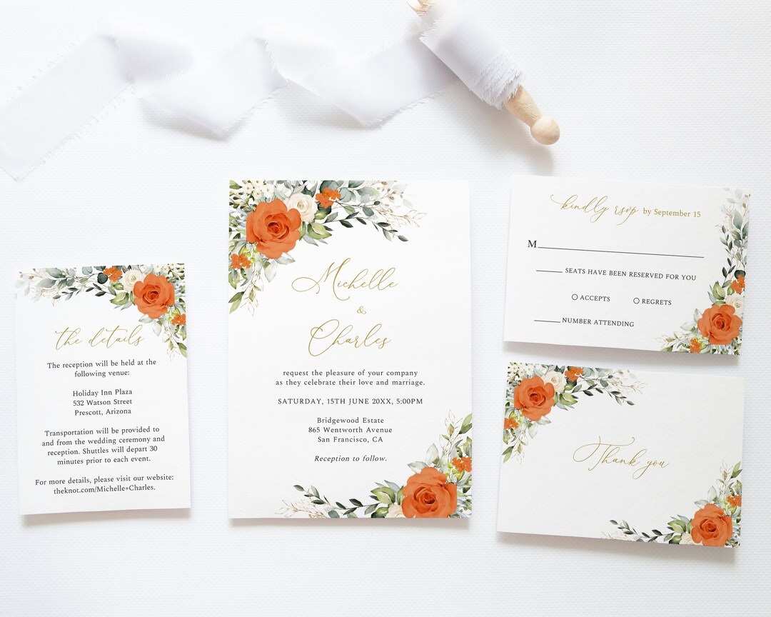 Orange Wedding Invitation Suite, Summer Floral Wedding Invitation ...