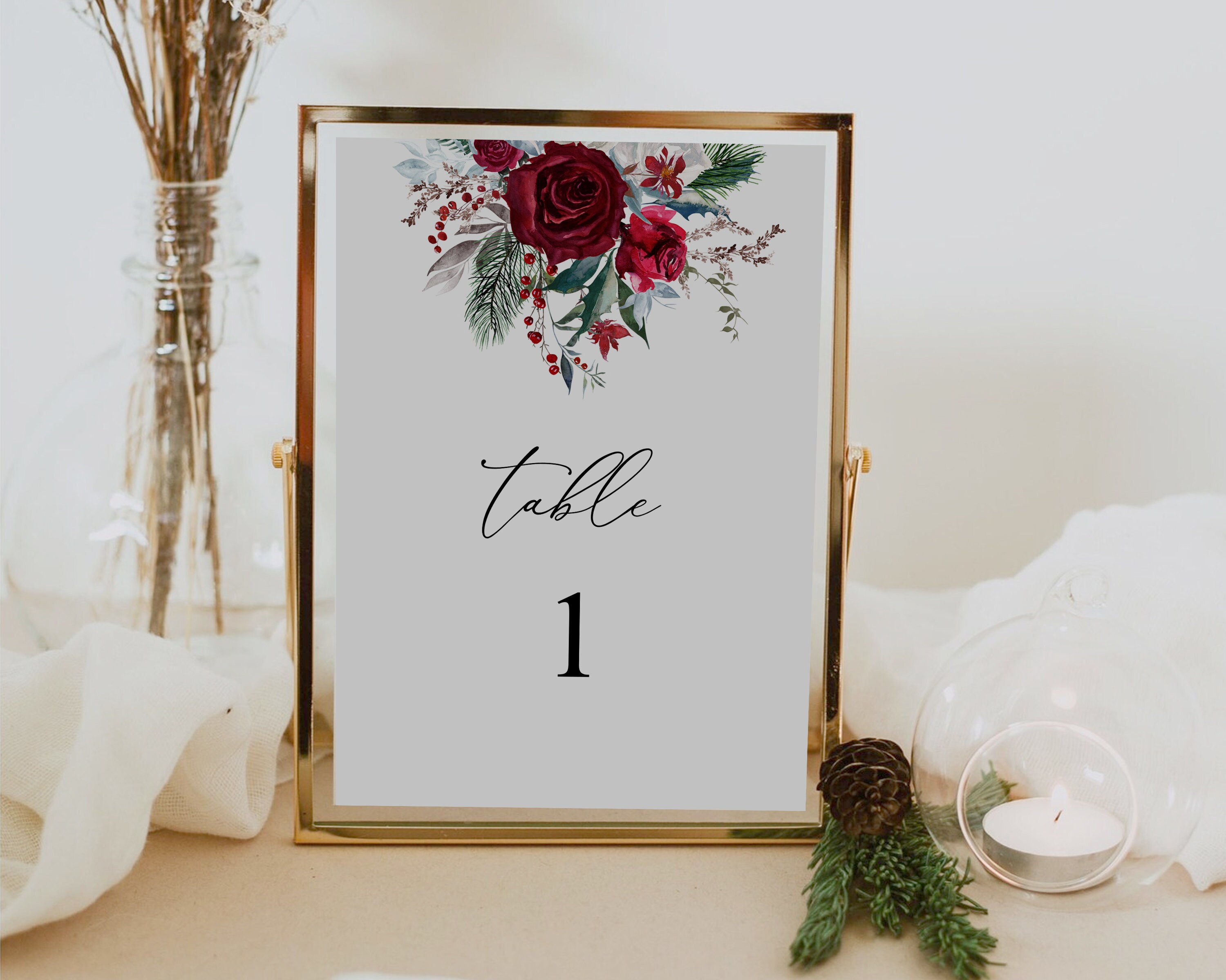 Winter Wedding Table Number Template Red Roses Christmas - Etsy