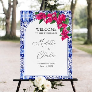 Mediterranean Wedding Welcome Sign, Blue Tiles Bougainvillea, Fuschia ...