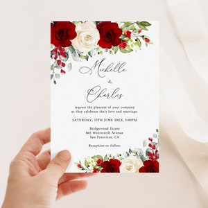 Red and White Wedding Invitation, Red Roses Wedding Invite, Floral ...