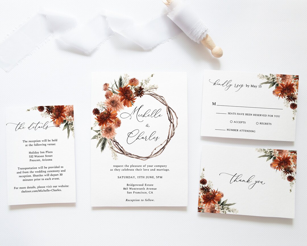 Terracotta Wedding Invitation Set, Fall Wedding Invitation Template ...
