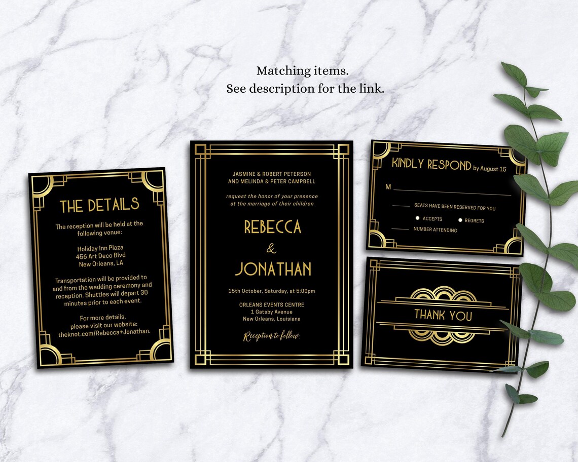 Great Gatsby Wedding Invitation Black and Gold Ceremony | Etsy