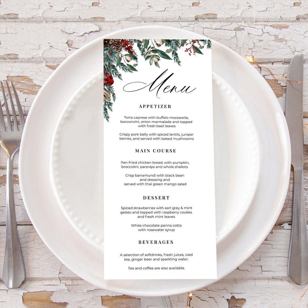 Winter Greenery Menu Template, Winter Menu Cards, Christmas Printable ...