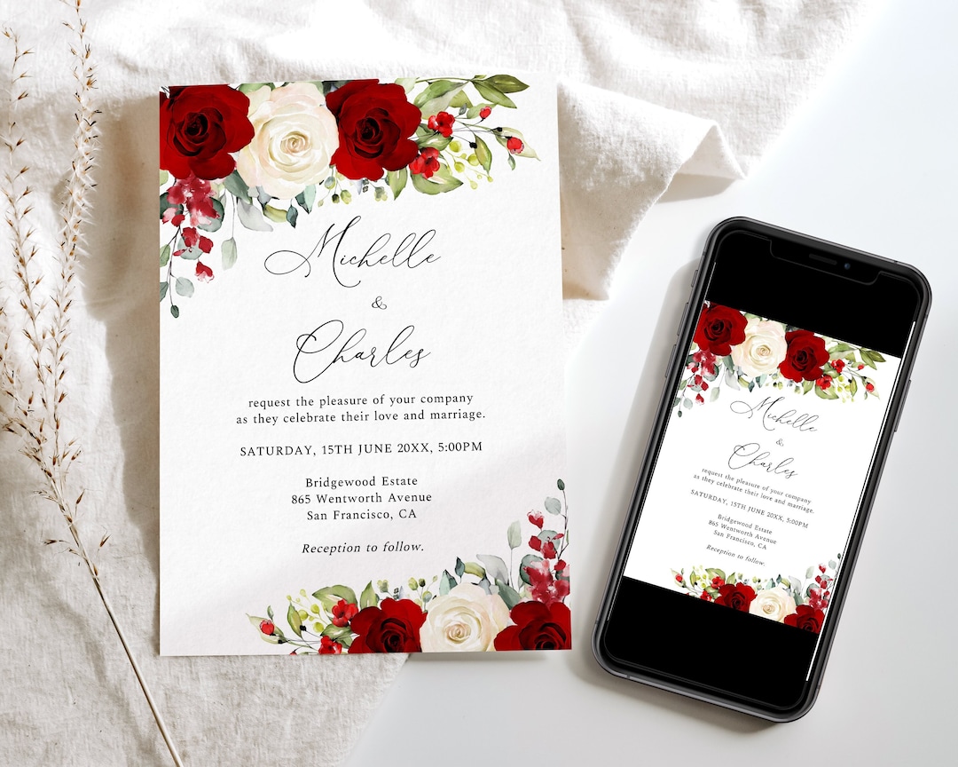 Red and White Wedding Invitation, Red Roses Wedding Invite, Floral ...