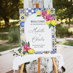 Mediterranean Lemon Wedding Welcome Sign, Blue Tiles Bougainvillea ...