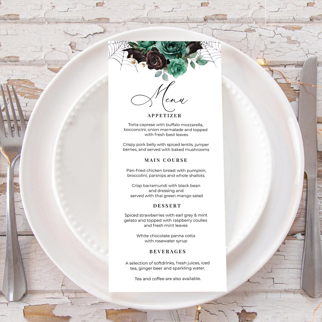 Emerald Green and Black Floral Gothic Menu Template, Halloween Menu ...