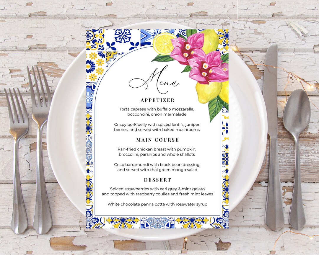 Mediterranean Lemon Menu Template, Blue Tiles Lemon Bougainvillea ...