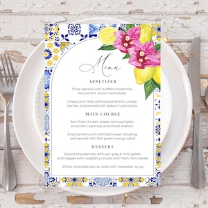 Mediterranean Lemon Menu Template, Blue Tiles Lemon Bougainvillea ...