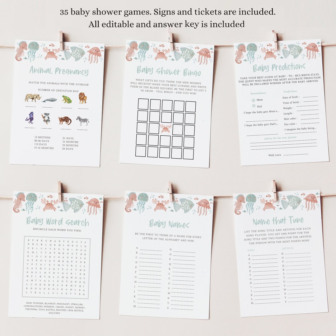 Under the Sea Baby Shower Games, Ocean Animals Baby Shower Game Signs ...