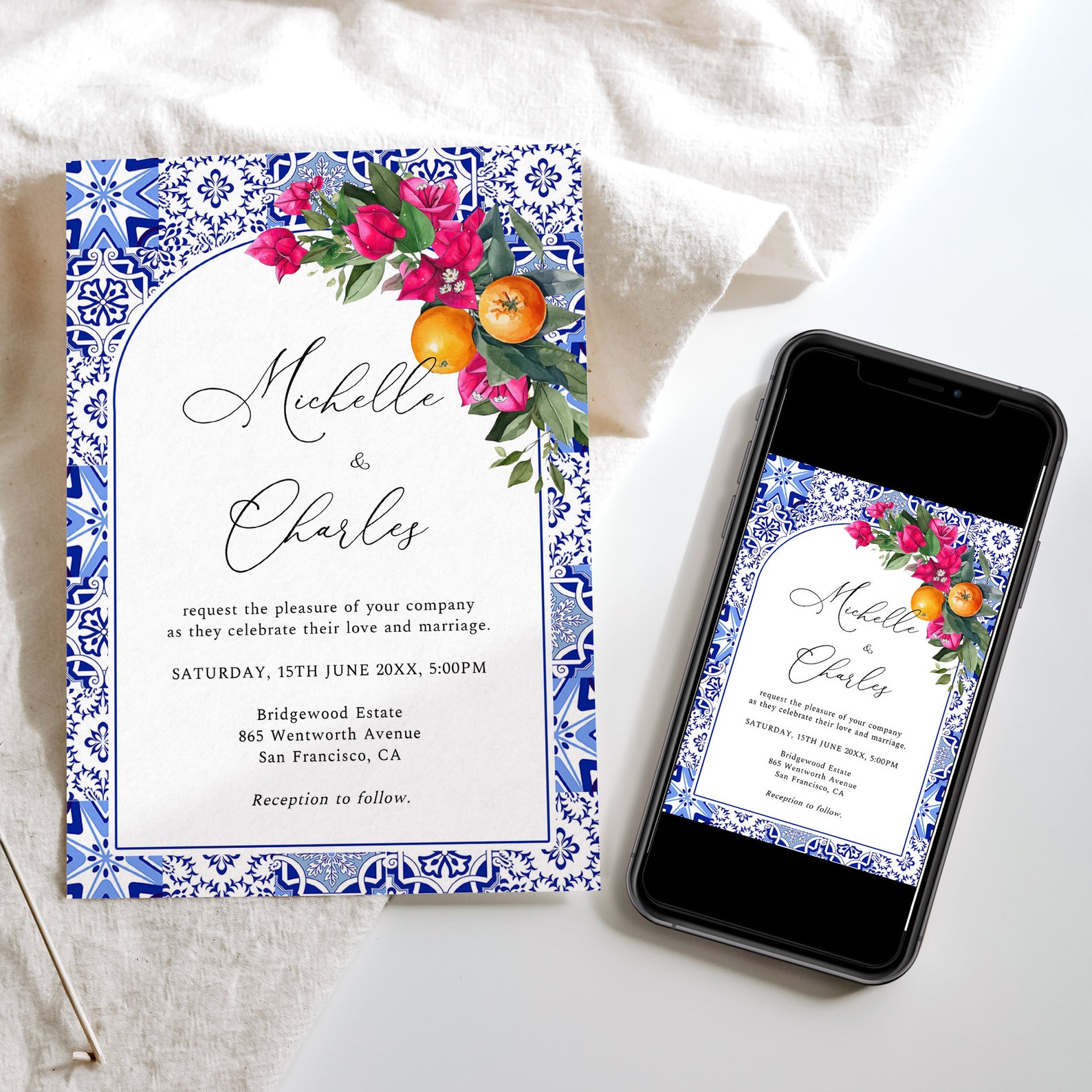 Mediterranean Wedding Invitation, Citrus Orange Wedding Invite, Blue ...