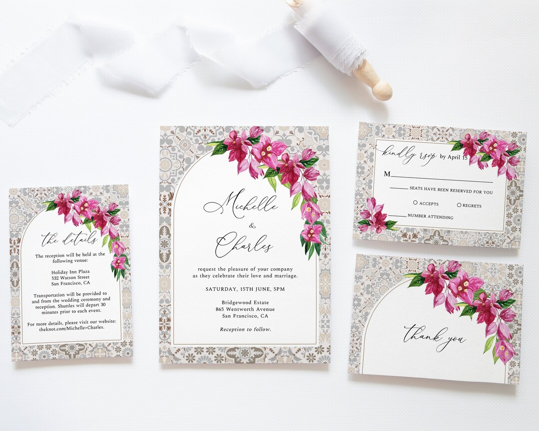 Mediterranean Wedding Invitation Set, Brown Tiles Bougainvillea, Tuscan ...