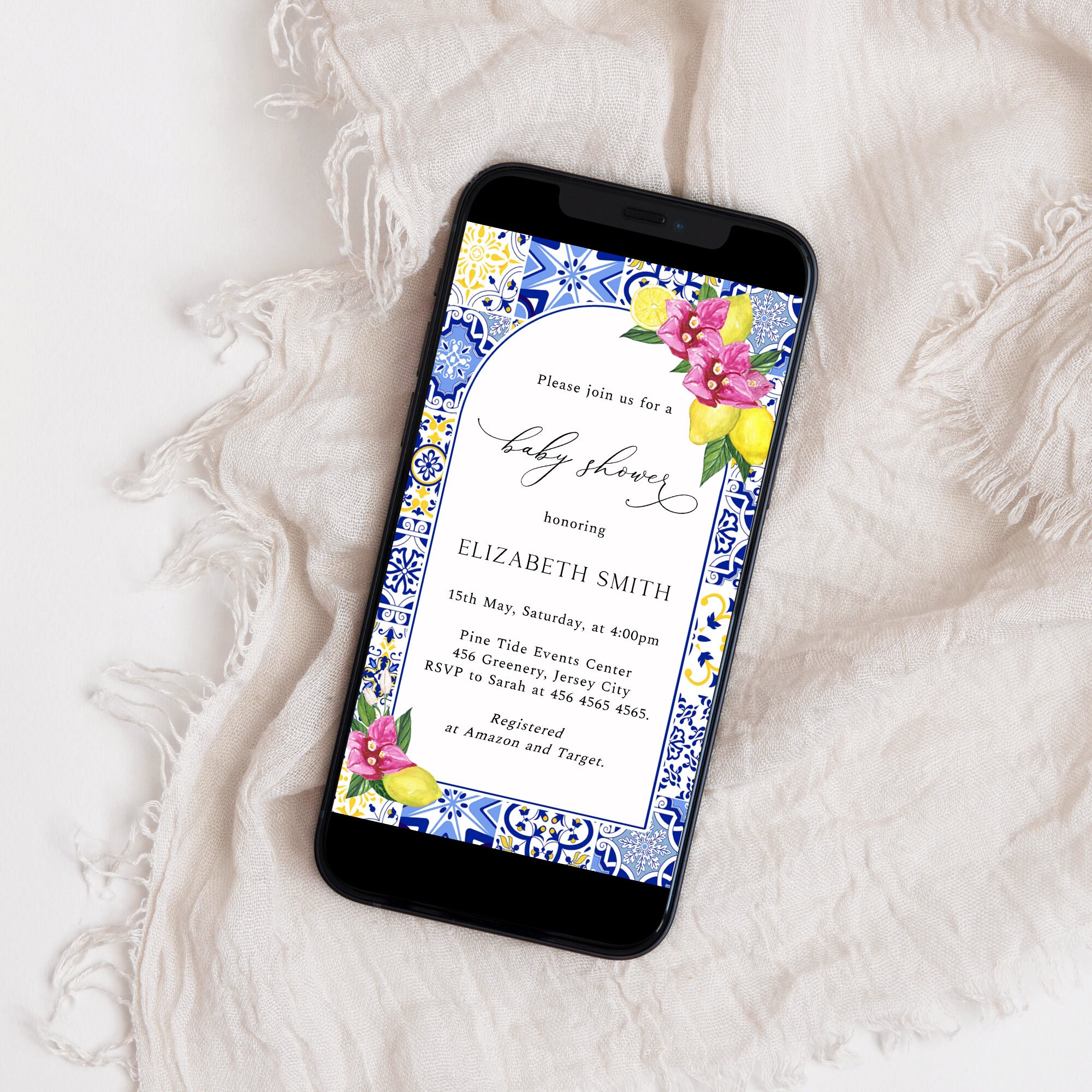Mediterranean Lemon Baby Shower Text Message Invitation, Blue Tiles Bougainvillea Lemon ...