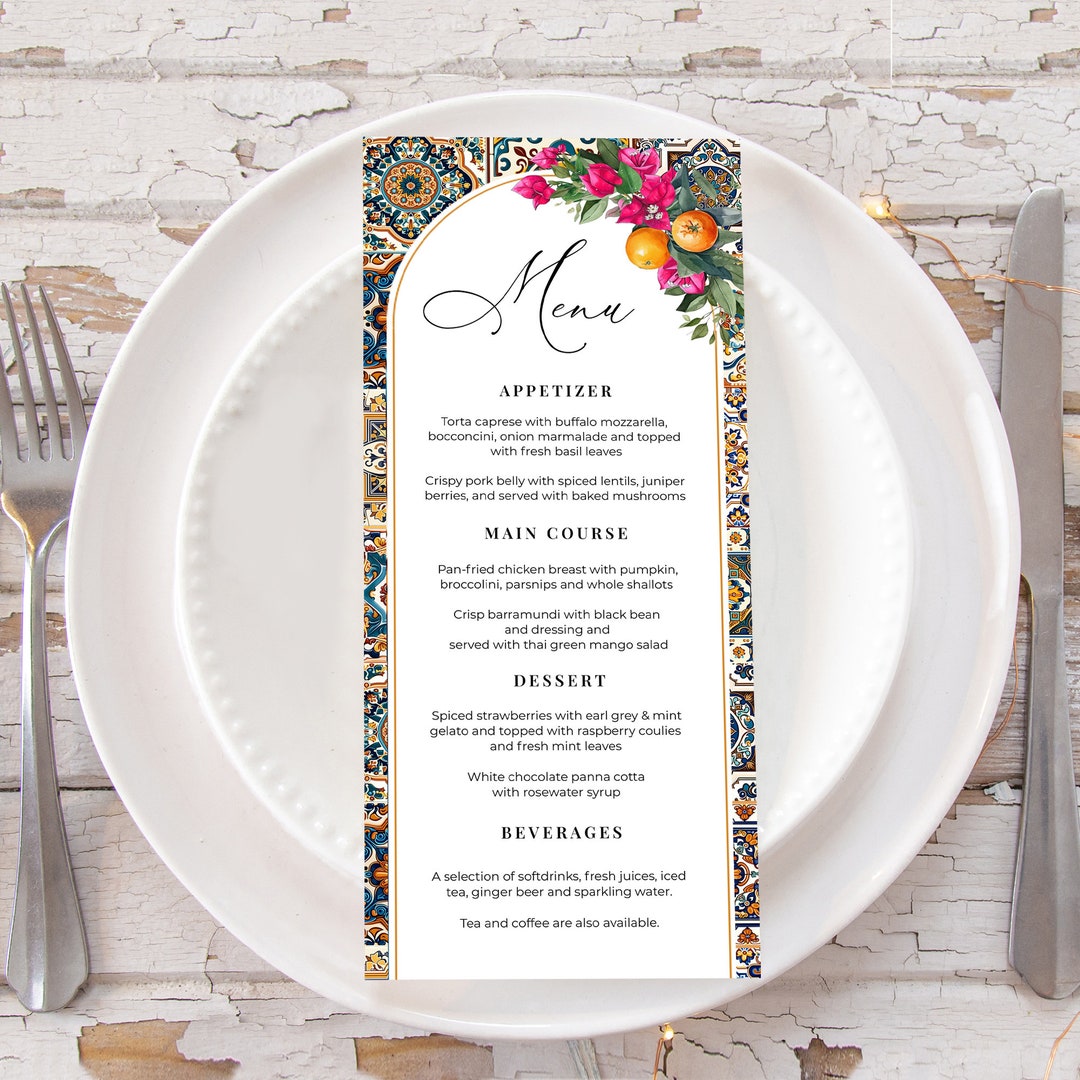 Moorish Spanish Wedding Menu Template, Citrus Orange Fruits and ...