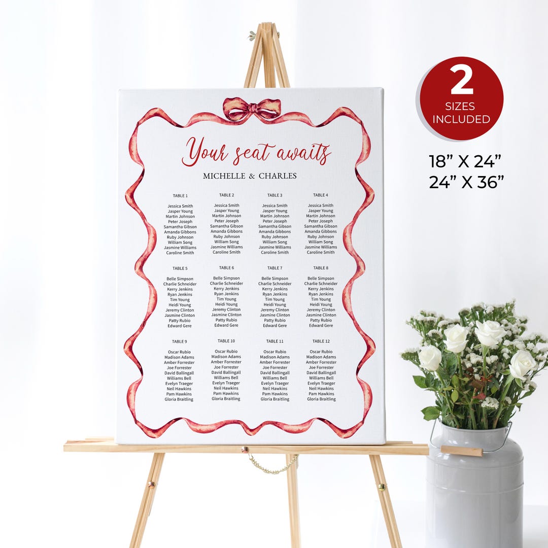 Printable Red Christmas Party Seating Sign, Red Bow Corporate Holiday ...