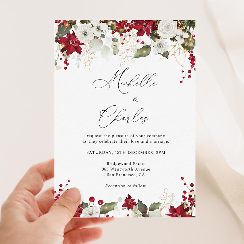 Winter Red and White Flowers Wedding Invitation, Christmas Wedding ...